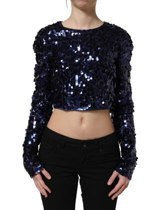 Dolce & Gabbana Womens Blue Sequined Long Sleeves Crop Blouse Top Nylon