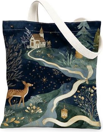 Generic Sacs fourre-tout en toile de cerf dhiver, sc&egrave;ne de for&ecirc;t rustique, sacs d&eacute;picerie r&eacute;utilisables, vintage, l&eacute;gers et lavables, toile pour ext&eacute;rieur, vo