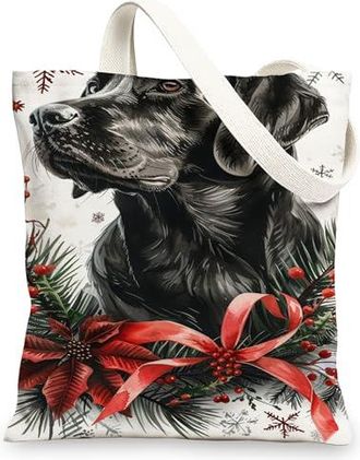 Generic Sac fourre-tout en toile motif chien noir, motif animal festif, sacs de courses réutilisables, sacs de courses élégants de Noël floraux, lavage léger,