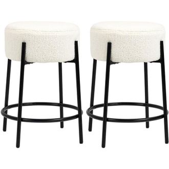 HOMCOM Homcom - Lot de 2 tabourets de bar design - repose-pied - acier noir rev&ecirc;tement effet laine boucl&eacute;e blanc