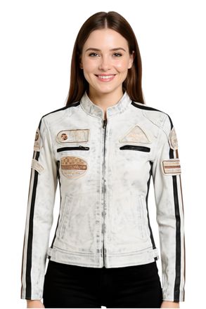 Infinity Leather Weiße Damen-Lederjacke mit Rennabzeichen für Biker - Dalby