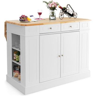Costway Ilot Central Cuisine Comptoir en Bois de Caoutchouc et &Eacute;tag&egrave;res R&eacute;glables &agrave; 3 Niveaux, Desserte de Cuisine de Service avec Tiroirs, Supports Lat&eacute;raux