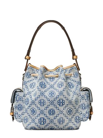 Tory Burch Womens Bucket Bag T-Monogram Denim Blue Cotton Shoulder