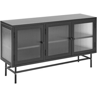 Beliani Sideboard Schwarz Stahl 35 x 115 x 64 cm mit 3 Durchsichtigen Glast&uuml;ren 4 Regalb&ouml;den 3 Griffen Industriell Flur Schlafzimmer K&uuml;che Wohnzimmer