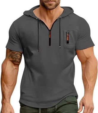Generic T-shirt pour homme - Avec capuche - Manches courtes - Avec poches - Cordon de serrage - Pour l&eacute;t&eacute; - Court - Couleur unie - Sport - T-shirt personnalis