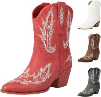 Generico Bottes Cowboy pour femme avec broderies confortables marron &eacute;l&eacute;gantes et larges talons larges pour femme style cowboy id&eacute;ales pour la saison automne/h