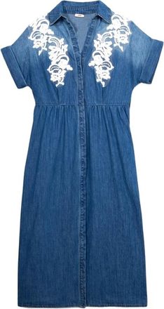 Oltre Femme, Robes, Bleu, Taille: 42 FR Chemisier en denim avec broderies