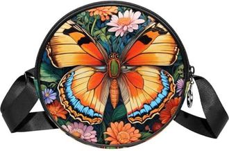 Generic Sac &agrave; bandouli&egrave;re rond pour femme, petit sac &agrave; bandouli&egrave;re avec fermeture &eacute;clair, bretelles r&eacute;glables, style d&eacute;contract&eacute;, motif papillon