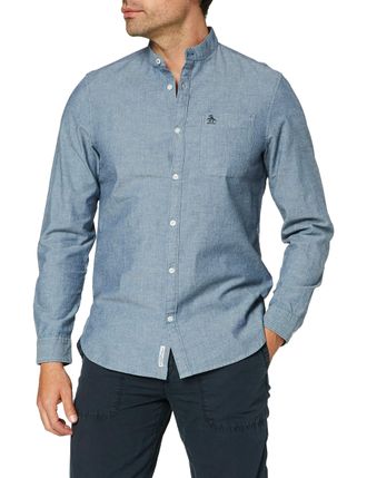 Original Penguin Herren Chambray Kragenlos Freizeithemd, Blau (Dark Denim), XS