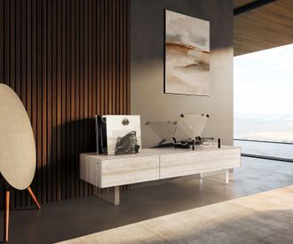 DELIFE Lowboard Cuor 150 cm Keramik Laminam Travertino Bianco Creme-Wei&szlig; 1 Klappe 1 Schubfach Fu&szlig; Schwebeoptik Acrylglas, Lowboards