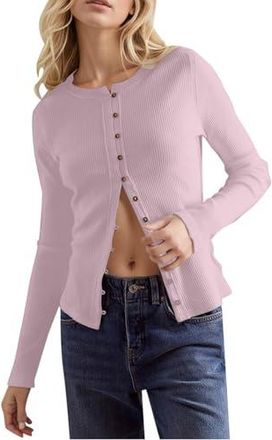 Generic Vestes pour femmes 2026 - Couleur unie - Coupe ajust&eacute;e - Boutonn&eacute;e - Manches longues - Col rond - Haut c&ocirc;tel&eacute; tricot&eacute;, rose, XL