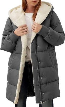 Generic Parka dhiver surdimensionn&eacute;e doubl&eacute;e Sherpa pour femme - Parka matelass&eacute;e en polaire chaude avec fermeture &eacute;clair - Avec capuche, gris fonc&eacute;, XXL