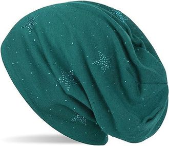 styleBREAKER Bonnet avec étoiles en Strass et Strass Tout Autour, Bonnet Long Slouch, pour Femmes 04024116, Couleur:Pétrole