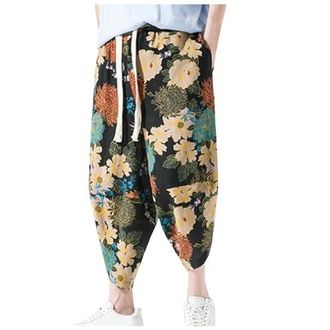 Generic Pantalon de yoga décontracté à taille élastique en lin style ethnique floral carte large jambes ample grande taille sarouel pantalon de yoga épissé 20
