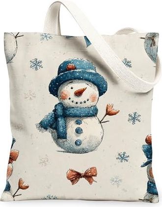 Generic Sac fourre-tout en toile motif bonhomme de neige, joli motif flocon de neige, sacs de courses r&eacute;utilisables, vacances festives, l&eacute;gers et lavables, Bl