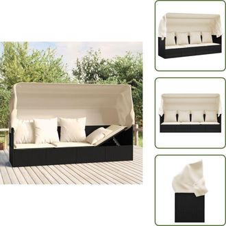 vidaXL Outdoor-Loungebett mit Dach und Kissen Schwarz Poly Rattan - Outdoorm&ouml;bel - Lounge M&ouml;bel - Sonnenschirm - Gartenlounge - Liegebett
