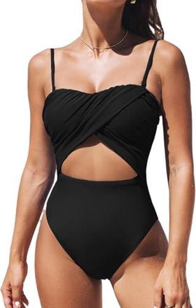 Cupshe Maillot de bain une pièce pour femme - Col en coeur - Bretelles amovibles réglables - Découpe sur le devant, Noir, XL