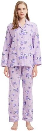 Global Femme Pyjama Flanelle Manches Long Ensembles de Pyjama Coton Chemises de Nuit Bouton Chaleureux Vêtements de Nuit Confortable Fleurs Pourpres XXL
