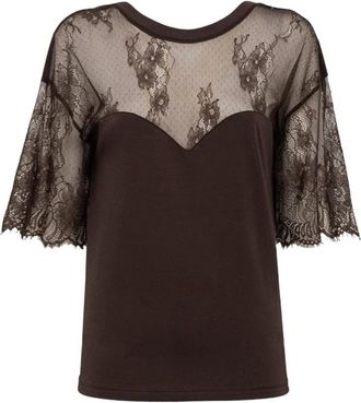 Blugirl Femme, Blouses et Chemises, Brun, Taille: 38 FR T-shirt en jersey avec empi&egrave;cements en dentelle