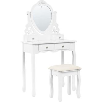 Beliani Schminktisch Weiß MDF-Platte mit Holzbeinen Herz-Spiegel 4 Schubladen Hocker Glamour für Erwachsene Schlafzimmer Garderobe Jugendzimmer