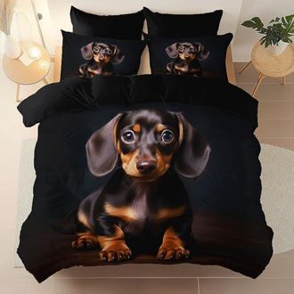 Generic R&eacute;versible Housses de Couette - Moderne Portrait Animal Teckel Impression - Noir Parure de lit en Microfibre Douce - avec Fermeture &eacute;clair - 90 x 190 