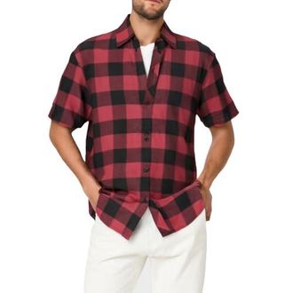 Generic Chemise &agrave; carreaux &agrave; manches courtes pour homme, chemise boutonn&eacute;e avec poche de poitrine, coupe d&eacute;contract&eacute;e, col standard, t-shirt de b&ucirc;cheron exten