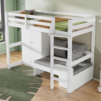 Merax Hochbett Kinderbett 90x200 cm, mit Leiter, Kleiderschrank, Sofa mit Stauraum und Kissen, Weiß (obere Schicht ohne Matratze)