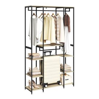 Woltu Portant Meuble Rangement pour V&ecirc;tements Penderie Ouverte en Acier et MDF, Porte-v&ecirc;tements pour Salon, Magasins, Noir + Ch&ecirc;ne Clair