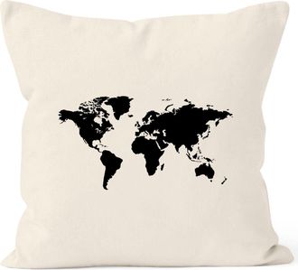 Autiga bedruckter Kissenbezug 40x40 Weltkarte World Map Kissen-H&uuml;lle Deko-Kissen Baumwolle Natur 40cm x 40cm