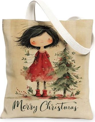 Generic Sac fourre-tout vintage en toile motif sapin de No&euml;l fantaisie, sacs r&eacute;utilisables, l&eacute;gers et lavables pour les voyages, beige, 13x15 Inch
