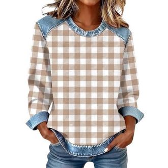 Generic Sweat-shirt en denim patchwork surdimensionn&eacute; &agrave; col rond pour femme - Pull confortable &agrave; manches longues - Chemises en jean tendance &agrave; carreaux - Haut
