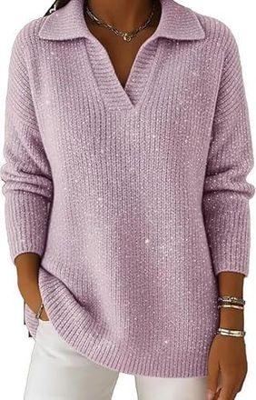 Generic Pull de fête de Noël à col polo brillant pour femme, élégant col en V, manches longues, pull scintillant, rose, 3XL