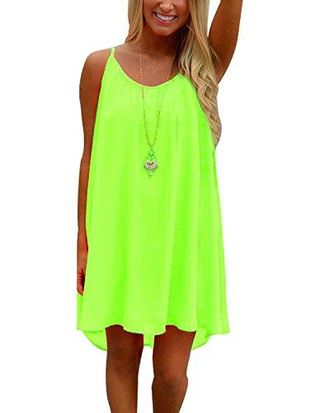 Minetom Femmes Été Casual Charmant Plage Mousseline sans Manches Robes Cocktail Tunique Lâche Asymétrique Mini Dress (FR 50, Vert Fluo)
