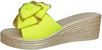 Generic Sandales compens&eacute;es &agrave; bout ouvert avec noeud paillet&eacute; pour femme, chaussures d&eacute;t&eacute; d&eacute;contract&eacute;es l&eacute;g&egrave;res, jaune, 38.5 EU