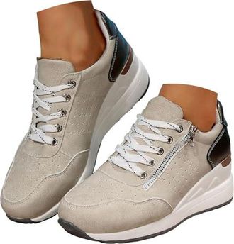 Generic Baskets compensées pour femme, baskets tendance à lacets et fermeture éclair, décontractées, à talon haut, chaussures de marche confortables, légères,