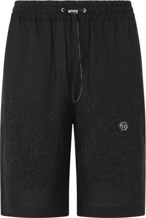 Philipp Plein Homme, Shorts, Noir, Taille: 2XL Short de bowling en lin brod&eacute; Tattoo Strass