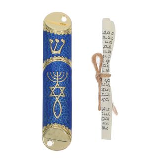 NUOBESTY T&uuml;rrolle Metall mit Schriftrolle Religi&ouml;ses J&uuml;disches Dekor f&uuml;r Au&szlig;ent&uuml;r Gold Blau mit Befestigungsl&ouml;chern Filigrane Judaica Haust&uuml;r Dekoration