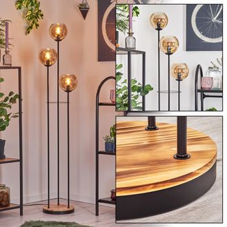 HOFSTEIN Stehleuchte Koyoto, Stehlampe aus Metall/Holz/Glas in Schwarz/Hellbraun/Bernstein, Leuchte im Retro/Vintage-Design (Ø 15 cm), Fußschalter, 148,5 cm, E
