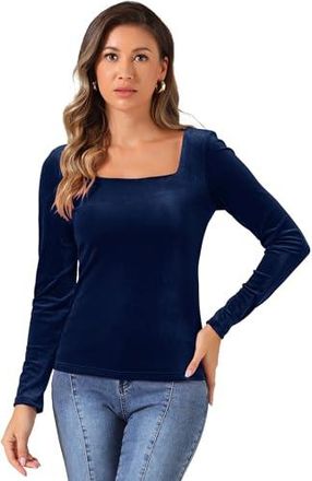 Allegra K Haut &Agrave; Manches Longues pour Femme T-Shirt D&eacute;contract&eacute; en Velours &Agrave; Col Carr&eacute; Bleu Fonc&eacute; L