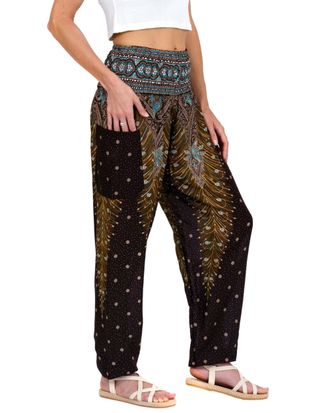 Lofbaz Damen Haremshose Yogahose Pumphose Hippie Hose Boho Kleidung Festival Outfit Sommerhose Leicht Sommer Hosen - Peacock 1 Braun 3XL Große Größen