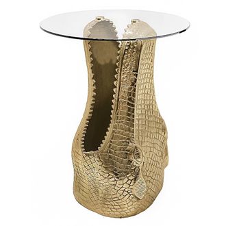 Invicta Interior Design Beistelltisch Wildlife Crocodile - 50cm - Gold runde Glasplatte mit Krokodil Fu&szlig;