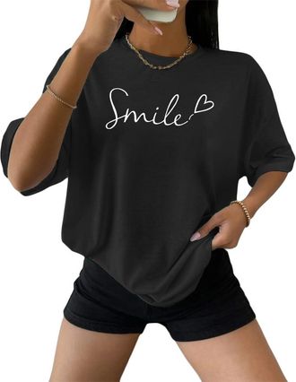 TOMWELL Damen Tshirt Kurzarm Sommer Oberteile Oversized T-Shirt mit Buchstaben Druck Lose Rundhals Sport Shirt Teenager M&auml;dchen Top Tunika Lang J Schwarz XXL