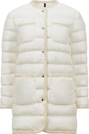 Moncler Moncler Doudoune Mi-longue Gencaylong &Agrave; Bordure Tress&eacute;e, Femme, Blanc, Taille: 0