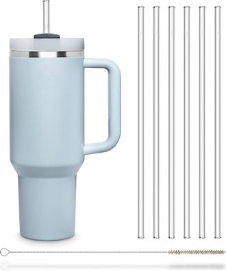 Halm HALM Glasstrohhalme 6x 30 cm lang f&uuml;r Stanley Cup Quencher Tumbler & Flaschen bis 1,2 Liter + Reinigungsb&uuml;rste Sp&uuml;lmaschinenfest - Wiederverwendbare S