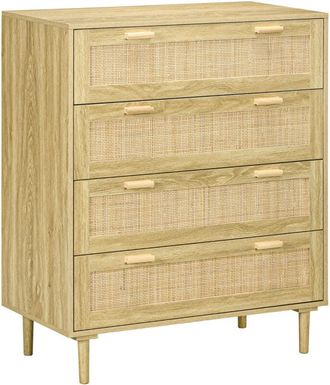 HOMCOM Homcom - Commode 4 tiroirs style boh&egrave;me chic - dim. 90L x 45l x 108,5H cm - fa&ccedil;ades tiroirs cannage rotin aspect ch&ecirc;ne clair