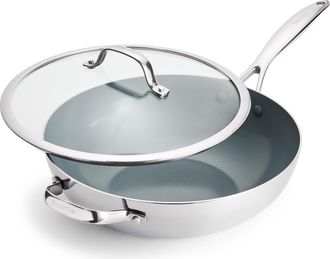 GreenPan Valencia Pro dreilagiger Wok aus Edelstahl, 30,5 cm, mit Deckel, gesunde Keramik-Antihaftbeschichtung, PFAS-frei, PFOA-freie Beschichtung, mehrfach ve