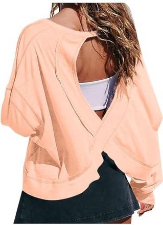 Generico T-shirt de sport pour femme avec dos nu ample et manches longues, Ros&eacute;, XXL