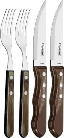 Tramontina Jumbo Steakbesteck, Set 4-teilig, mit 2 Steakmessern und 2 Steakgabeln, Edelstahl, Holzgriff, FSC