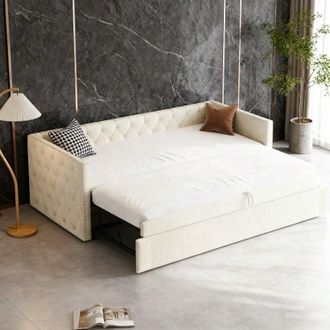 Generic Schlafsofa 90x200 cm, Polsterbett mit Knopfsteppung | Ausziehbar, Multifunktionsbett, Gästebett | Samtstoff Grau, mit Lattenrost (Beige)