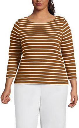 Lands End Gestreiftes Baumwollshirt mit 3/4-Ärmeln, Damen, Größe:56-58 plus, Braun, Baumwolle, by Lands End